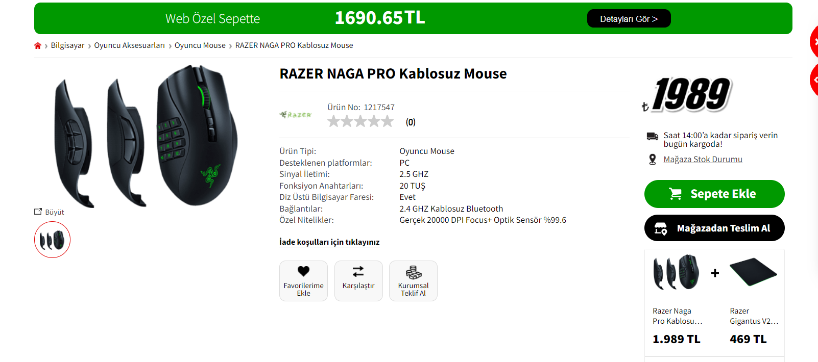 İndirim Bitti! - RAZER NAGA PRO Kablosuz Mouse Sepette 1690.65 TL ...